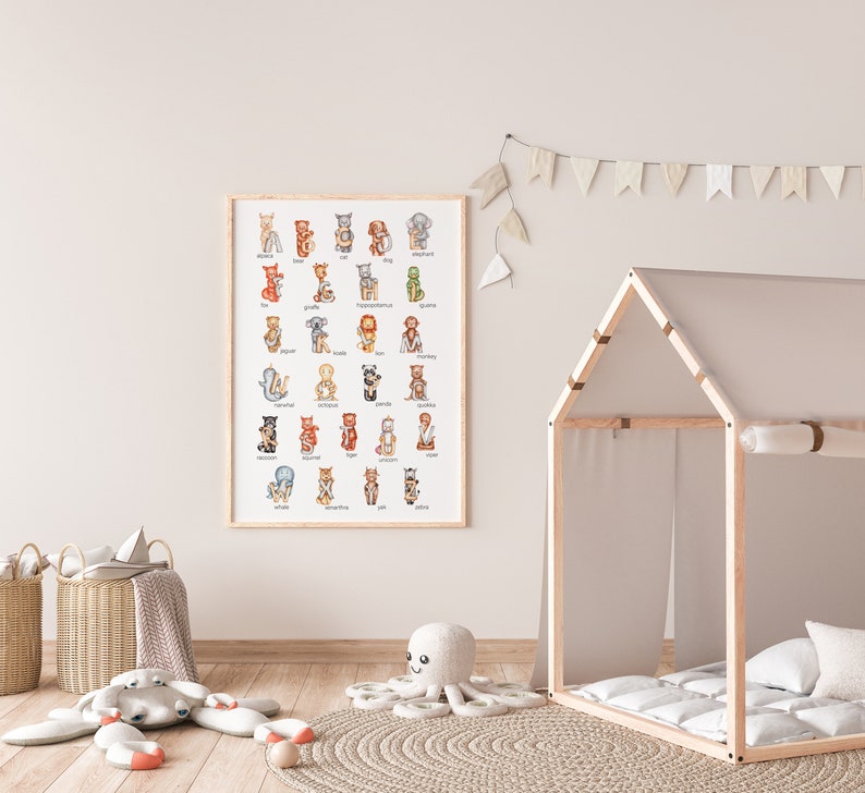 Animal English Alphabet, ABC Watercolor Poster, Children Educational ...