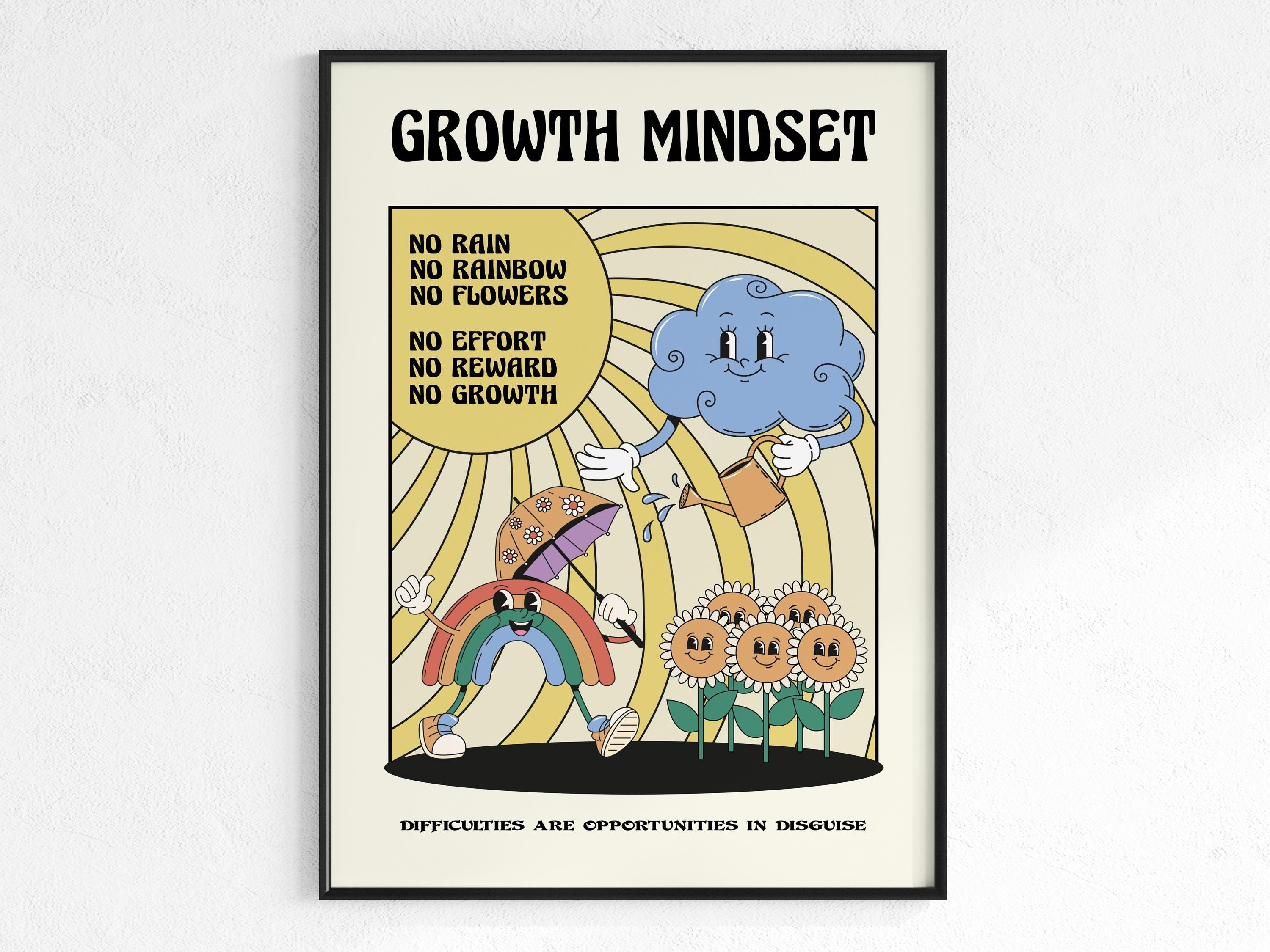 Growth Mindset Poster, No Rain No Rainbow, Retro Motivation Print Home ...
