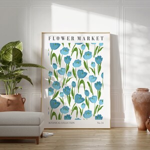 Flower Market Print, Spring Blue Flower Botanical Illustration, Floral ...