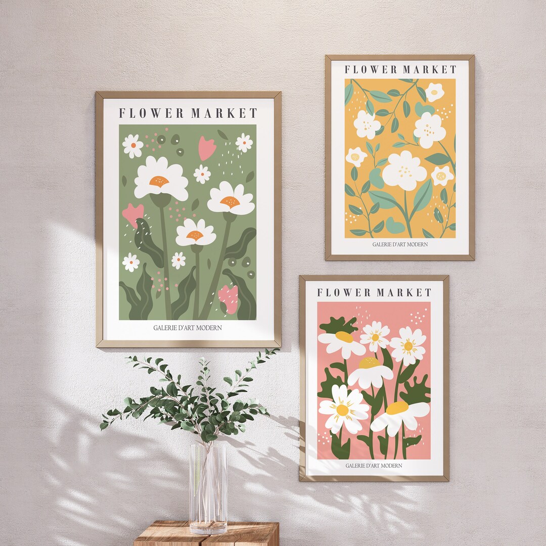 Flower Market Prints Set of 3 Daisy Posters, Botanical Illustration ...
