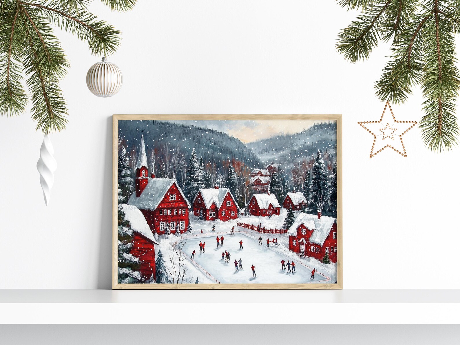 Vintage Snowy Christmas Village Poster, Winter Landscape, Vintage ...