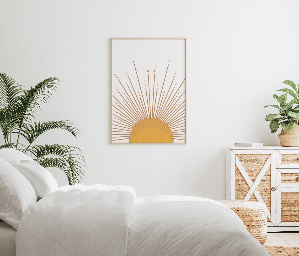 Boho Sun Wall Art, Boho Sun Poster, Mid Century Modern, Gold Sun Print ...