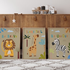 Set of 3 Safari Animal Prints, Lion, Zebra and Giraffe With Positive ...