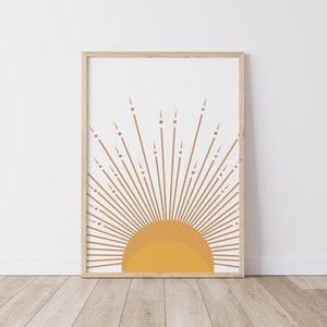 Boho Sun Wall Art, Boho Sun Poster, Mid Century Modern, Gold Sun Print ...