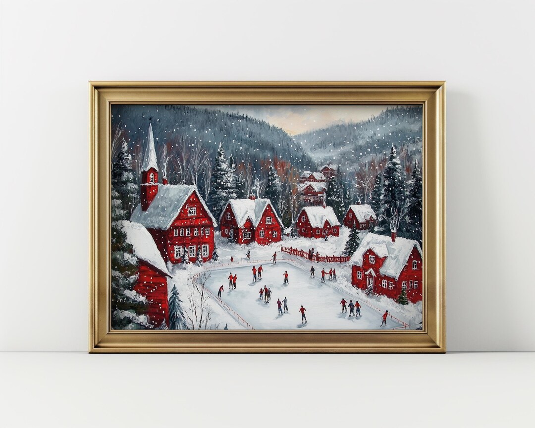 Vintage Snowy Christmas Village Poster, Winter Landscape, Vintage ...