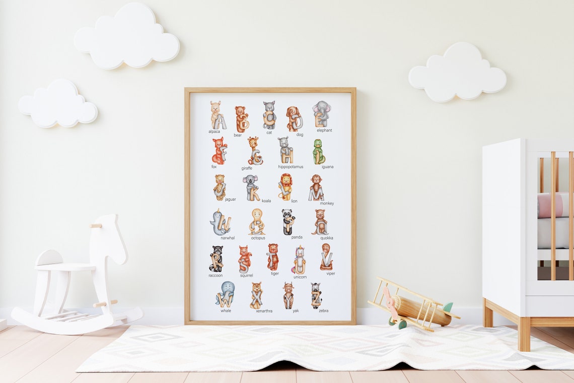 Animal English Alphabet, ABC Watercolor Poster, Children Educational ...