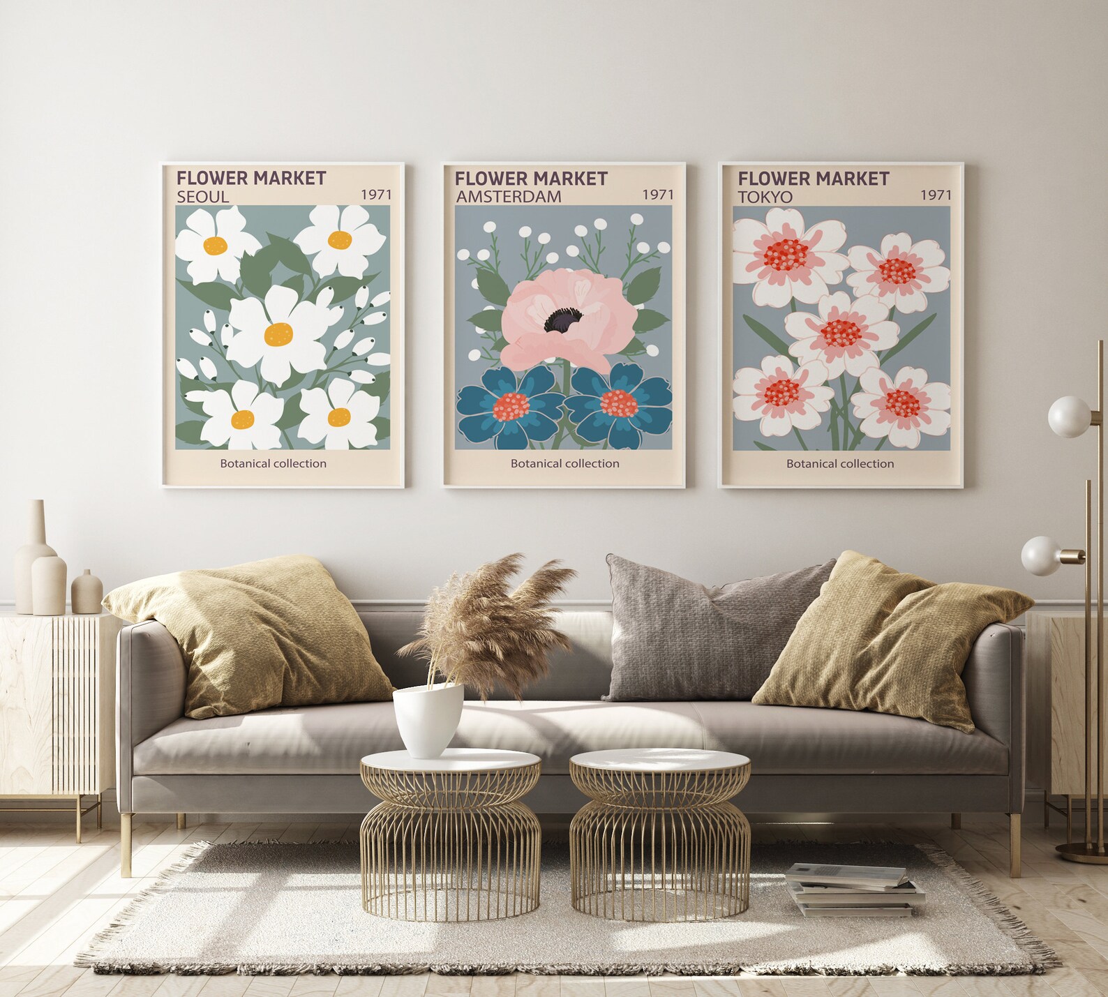 Set of 3 Flower Posters, Flower Market Prints, Botanical Illustration ...
