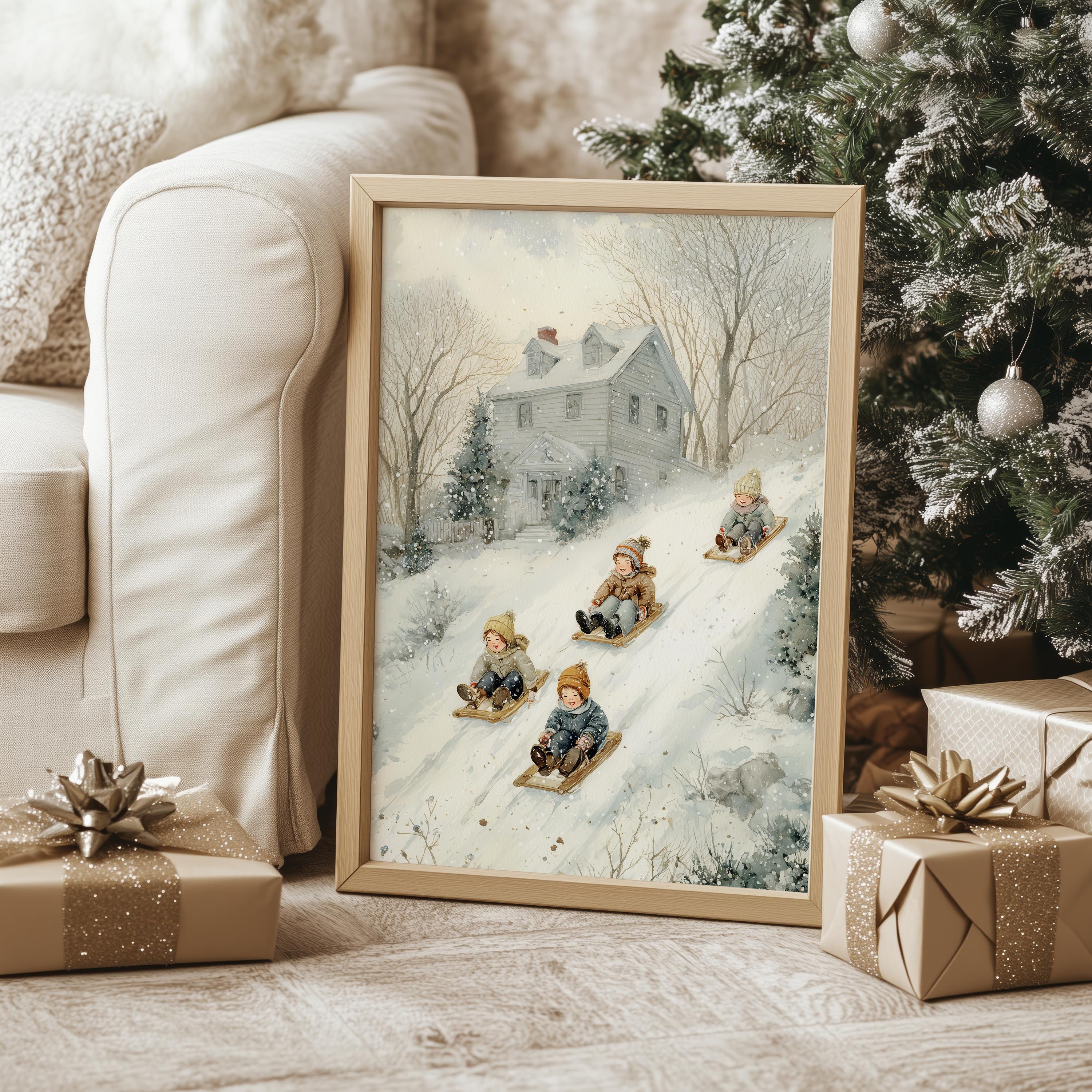 Vintage Winter Sledding Wall Art – Children Sledding Down Snowy Hill ...