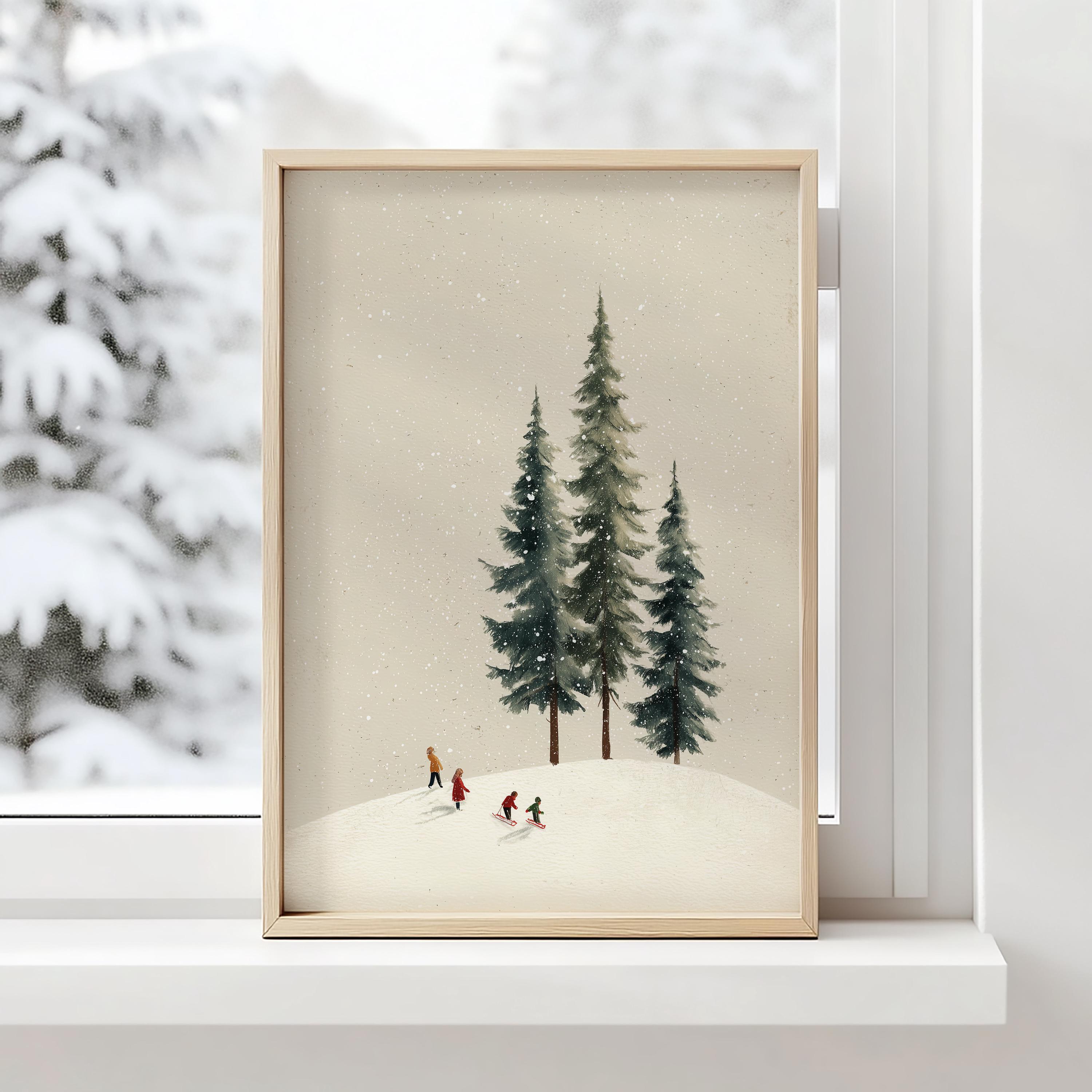 Winter Family Sledding Wall Art Print – Minimalist Snow Landscape ...
