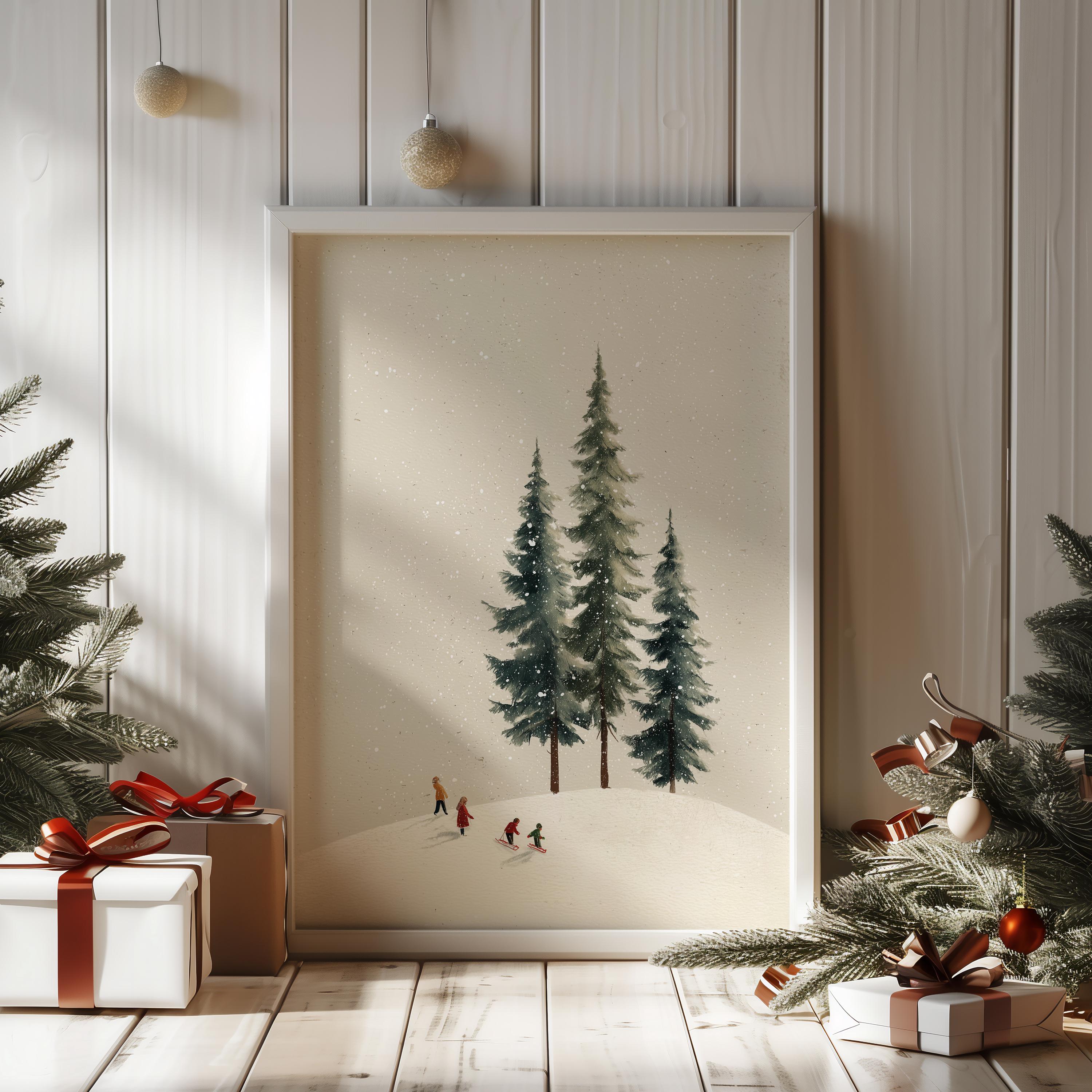 Winter Family Sledding Wall Art Print – Minimalist Snow Landscape ...