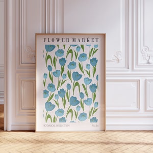 Flower Market Print, Spring Blue Flower Botanical Illustration, Floral ...