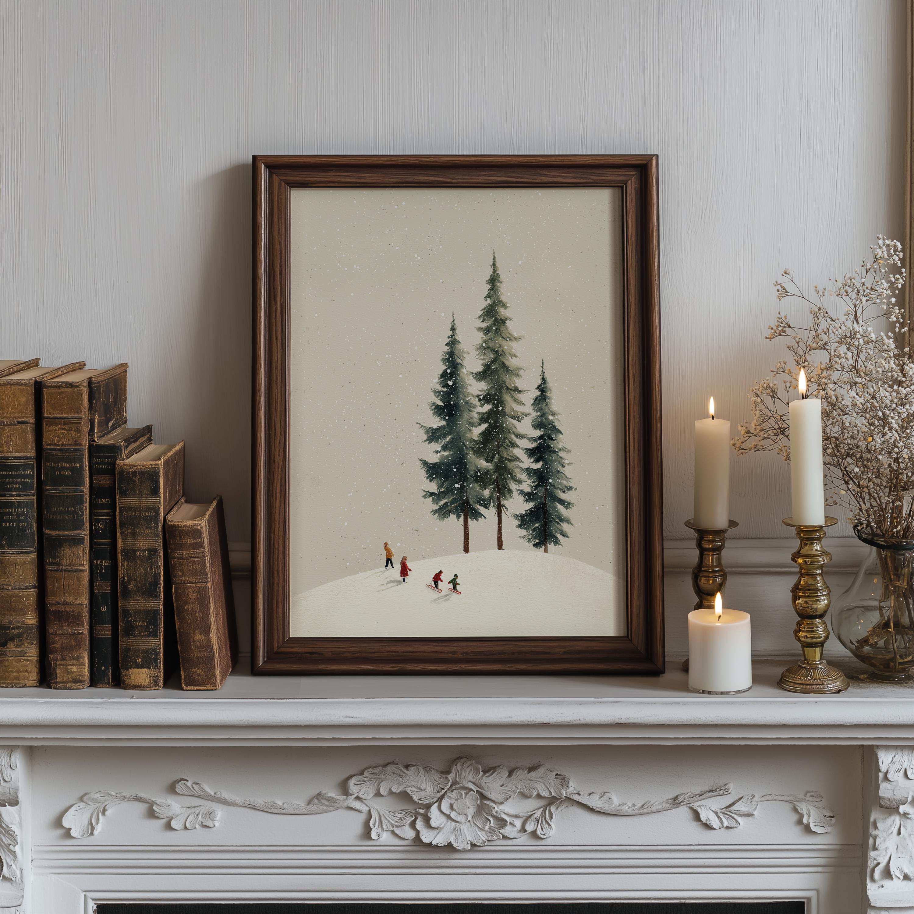 Winter Family Sledding Wall Art Print – Minimalist Snow Landscape ...