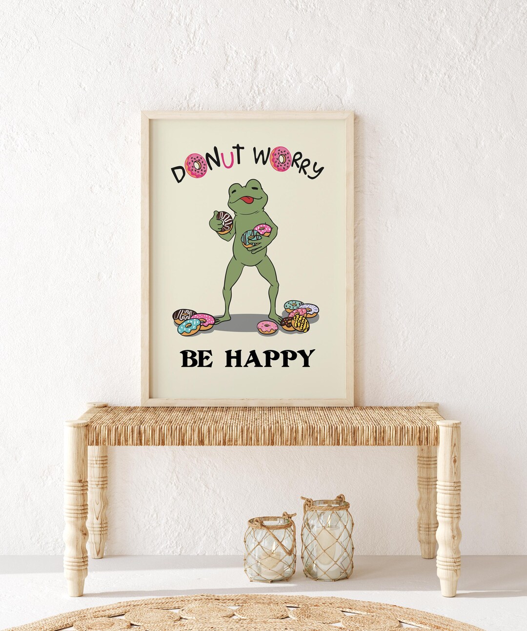 Donut Worry Be Happy Motivation Poster, Frog Print Home Office, Mental ...
