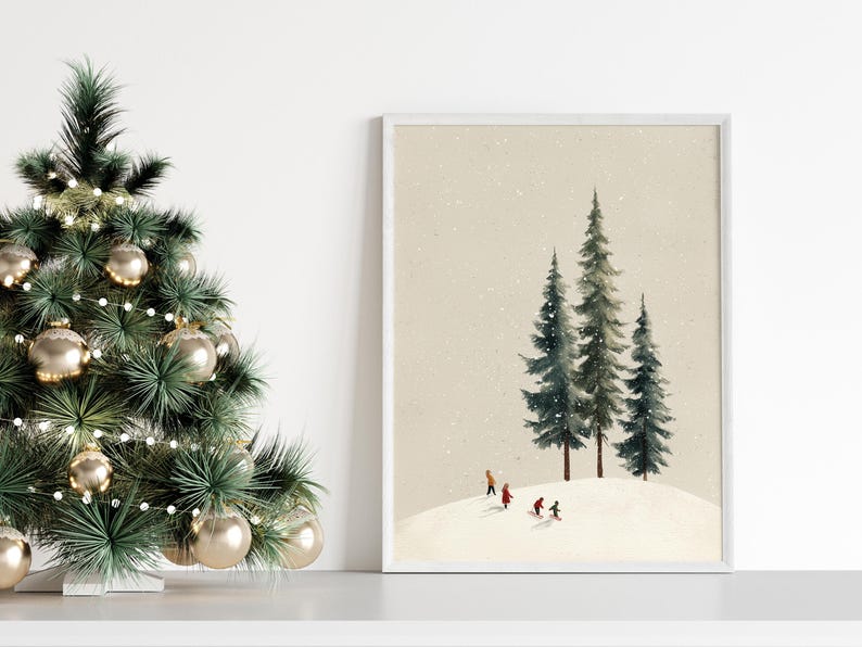 Winter Family Sledding Wall Art Print – Minimalist Snow Landscape ...