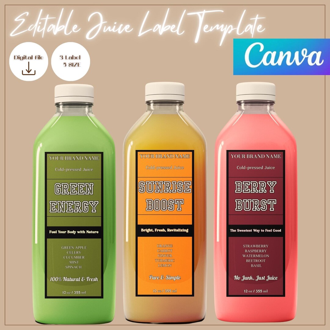 Editable Juice Label Canva Template, Cold Pressed Juice Bottle Label ...