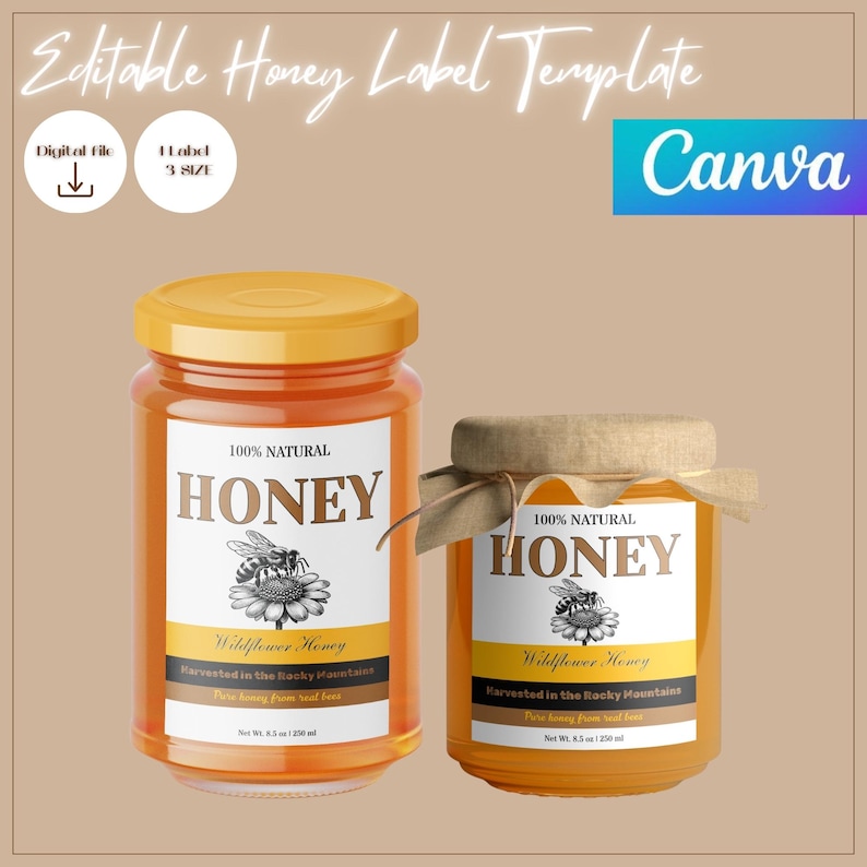 Editable Honey Jar Label Template: Rustic Canva Design (digital ...