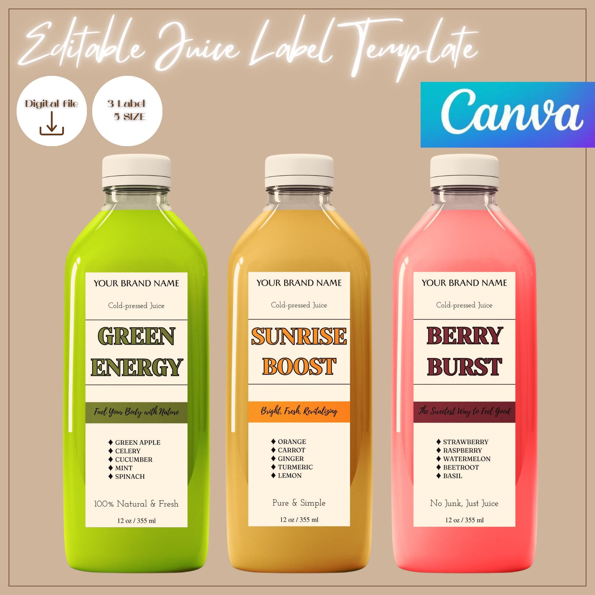 Editable Juice Bottle Label Template: Canva Design (digital Download ...