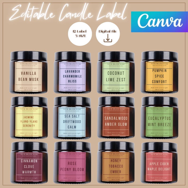 Editable Candle Label Bundle | 12 Aesthetic Templates | Custom Candle ...