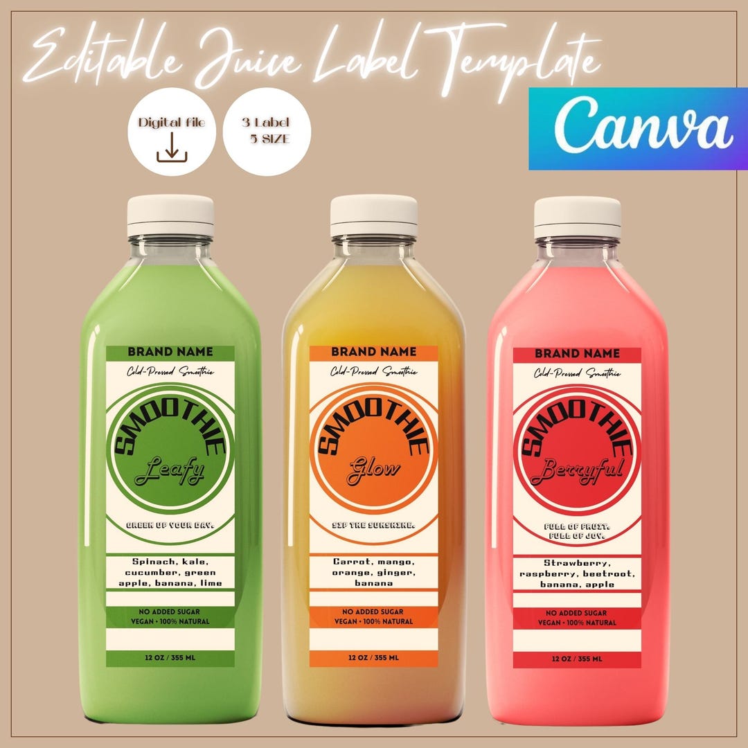 Editable Smoothie Bottle Label: Vibrant Cold-pressed Design (canva ...