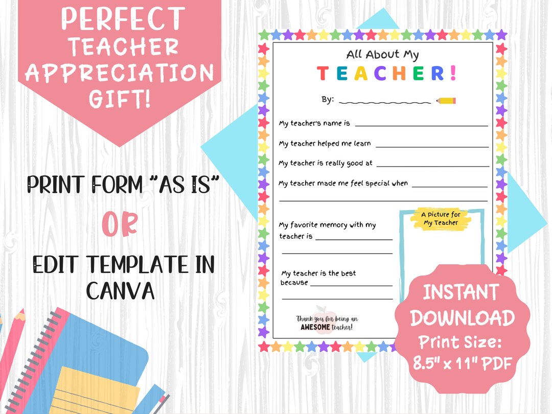 Teacher Appreciation Gift, Teacher Survey, All About My Teacher ...
