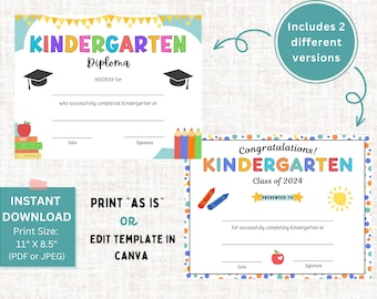 INSTANT DOWNLOAD Printable Kindergarten Graduation Blue Yellow Diploma ...