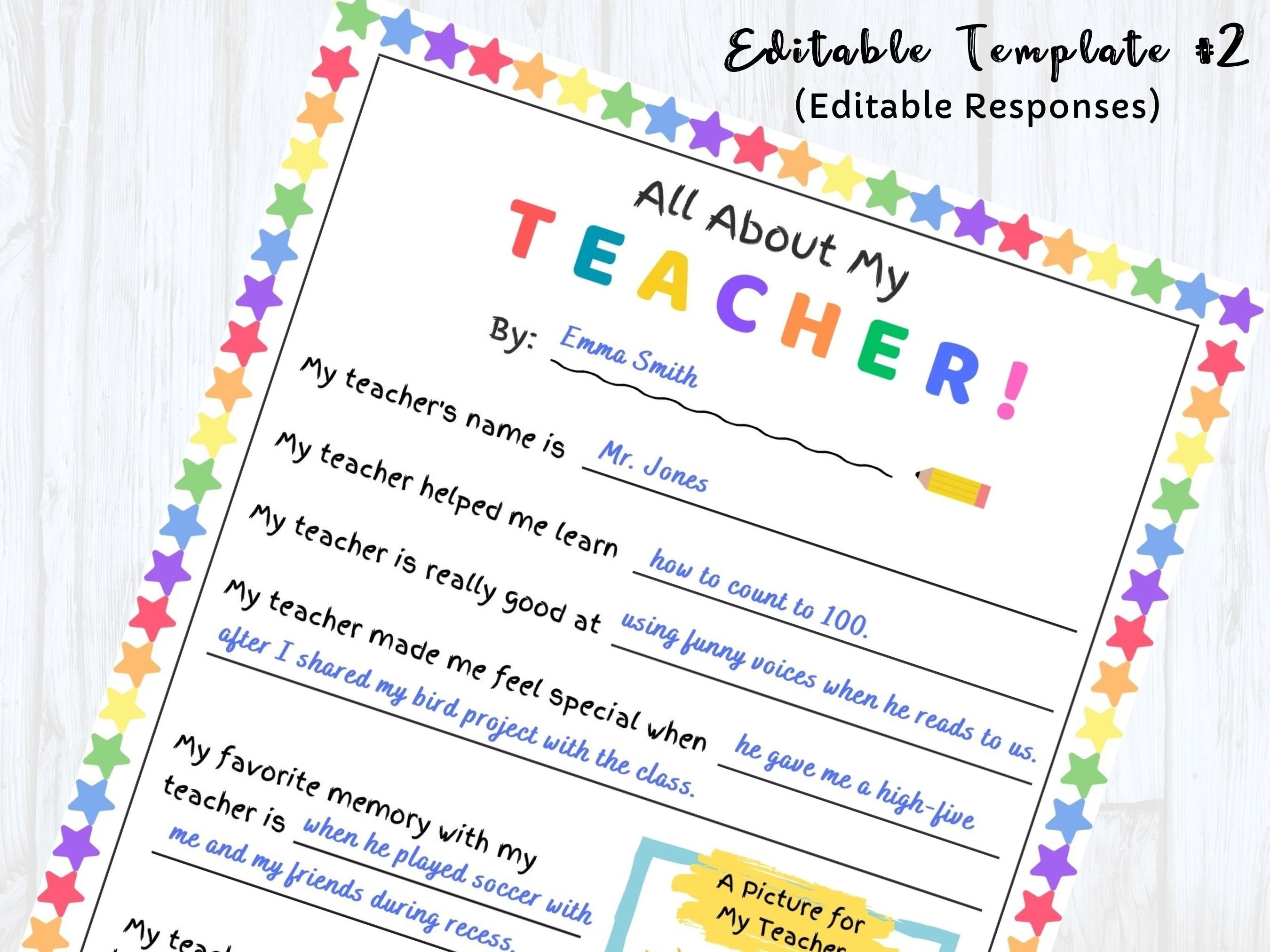 Teacher Appreciation Gift, Teacher Survey, All About My Teacher ...
