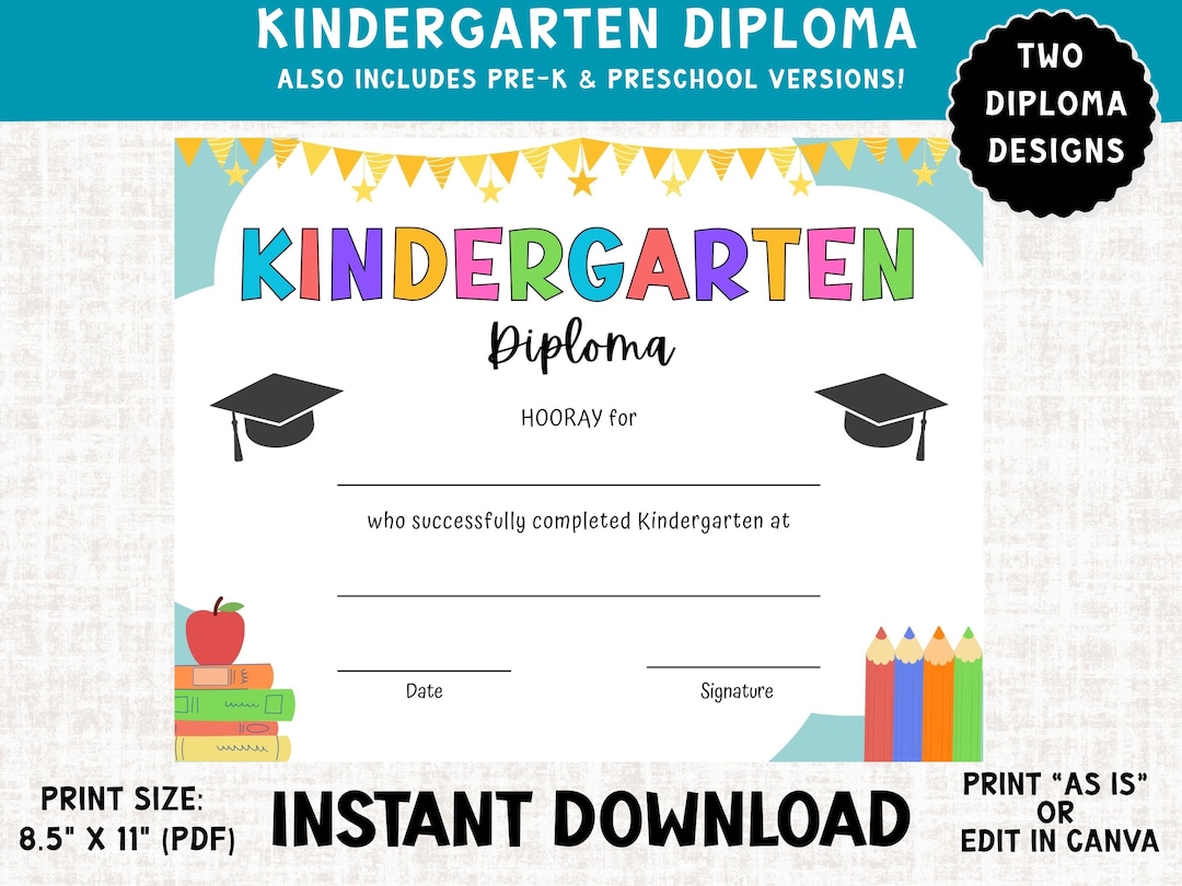 Editable Kindergarten Diploma, Printable Certificate for Pre-k and ...