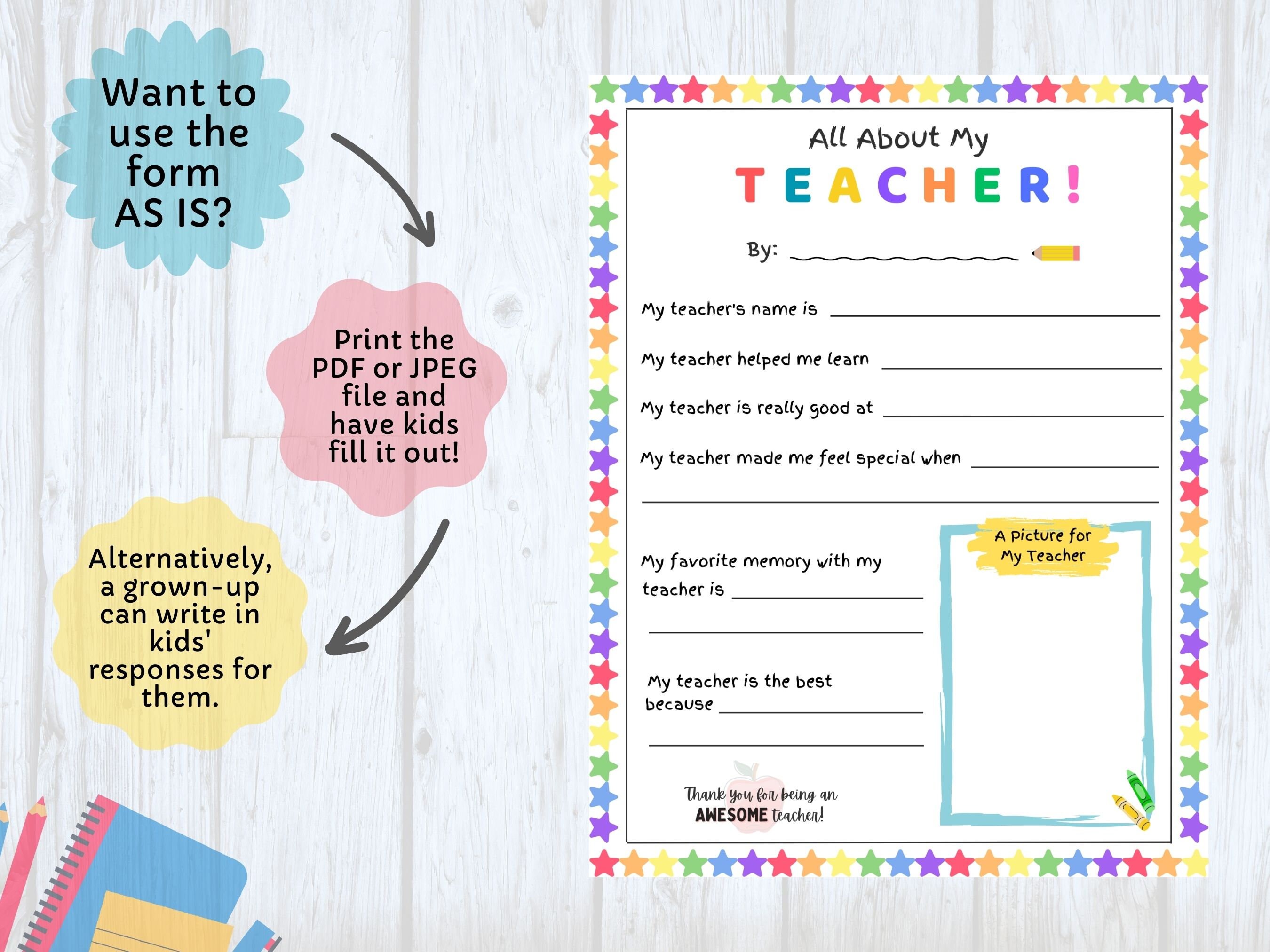 Teacher Appreciation Gift, Teacher Survey, All About My Teacher ...