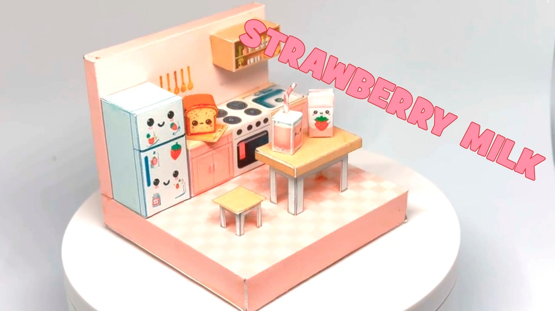 Strawberry Milk Kitchen. Papercraft Diorama Printable - Etsy