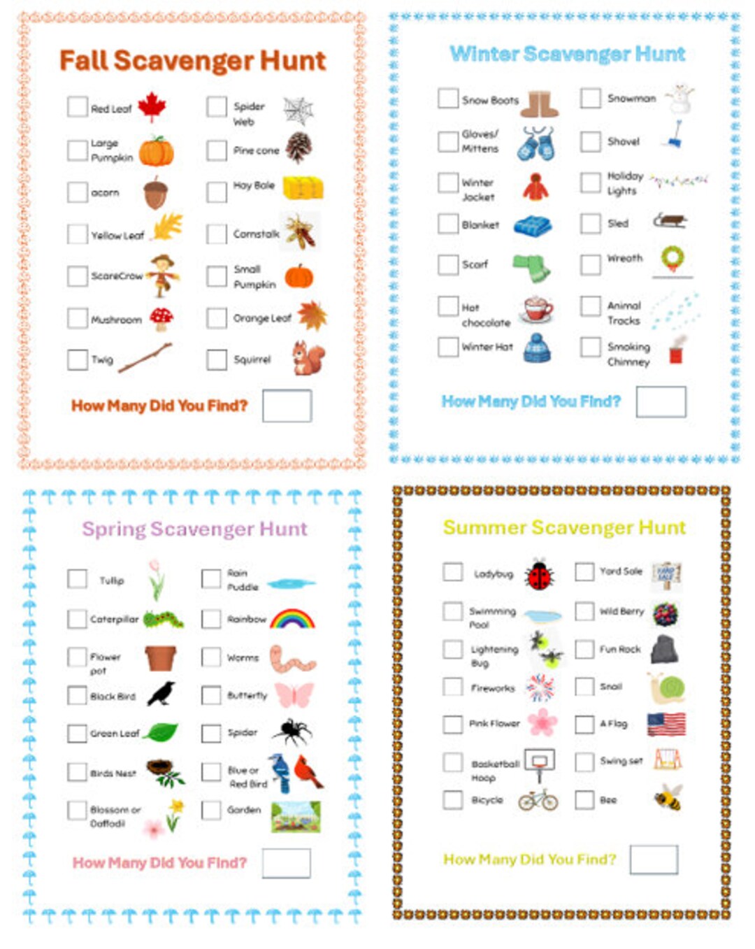 Set of 4 Seasonal Scavenger Hunt for Kids (fall, Winter, Spring, and ...