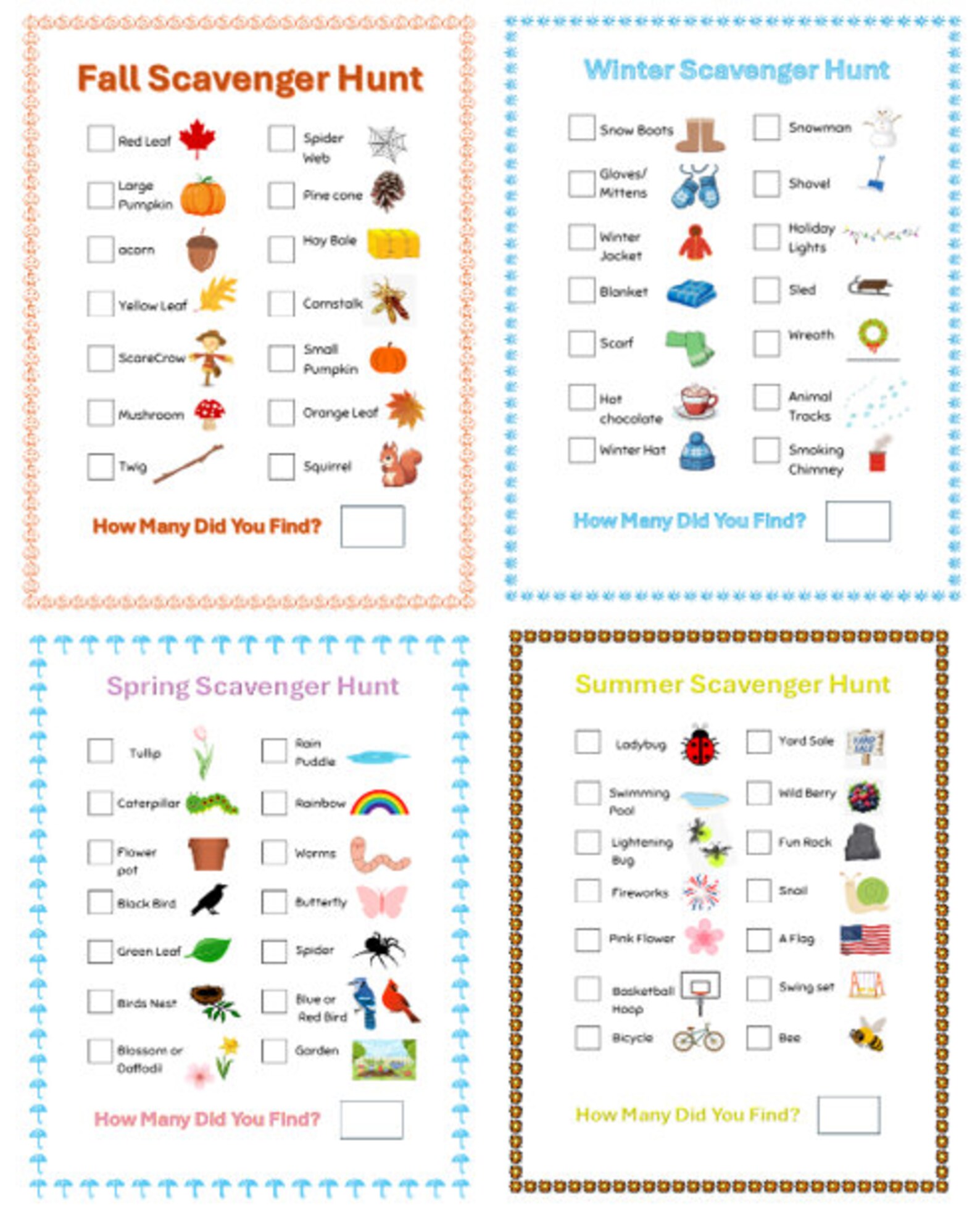 Set of 4 Seasonal Scavenger Hunt for Kids (fall, Winter, Spring, and ...
