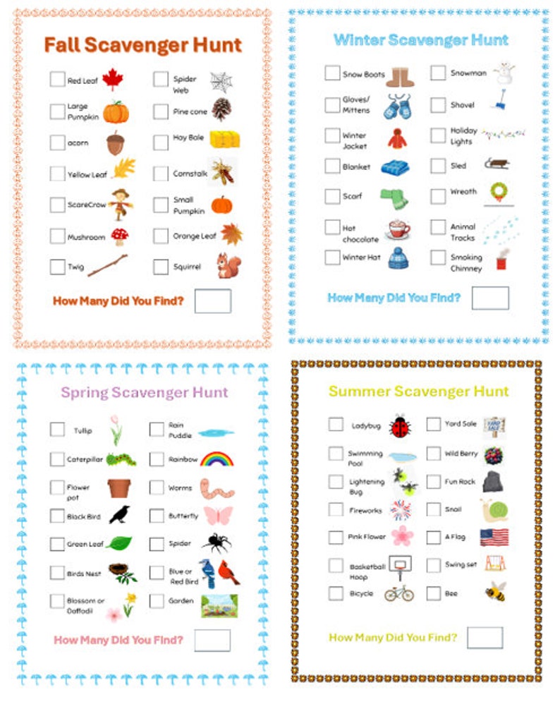 Set of 4 Seasonal Scavenger Hunt for Kids (fall, Winter, Spring, and ...