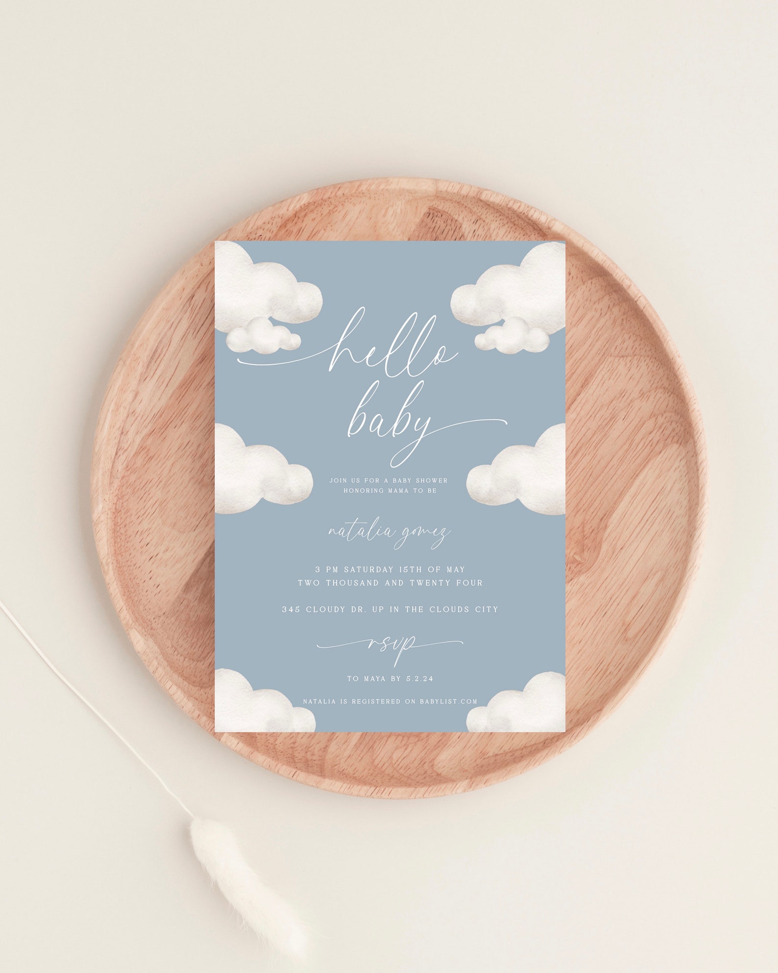 Editable Modern Hello Baby Blue Cloud Baby Shower Invitation | Cloud ...