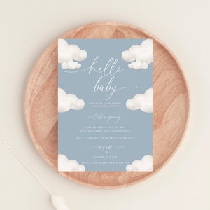 Editable Modern Hello Baby Blue Cloud Baby Shower Invitation | Cloud ...