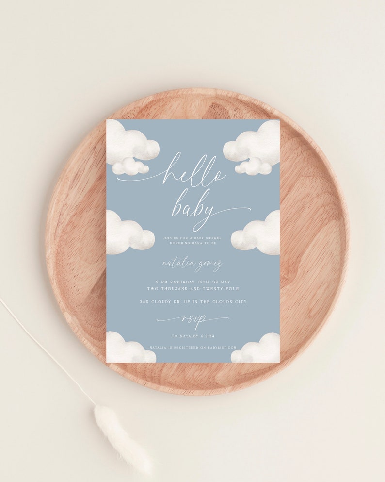 Editable Modern Hello Baby Blue Cloud Baby Shower Invitation Cloud Baby ...