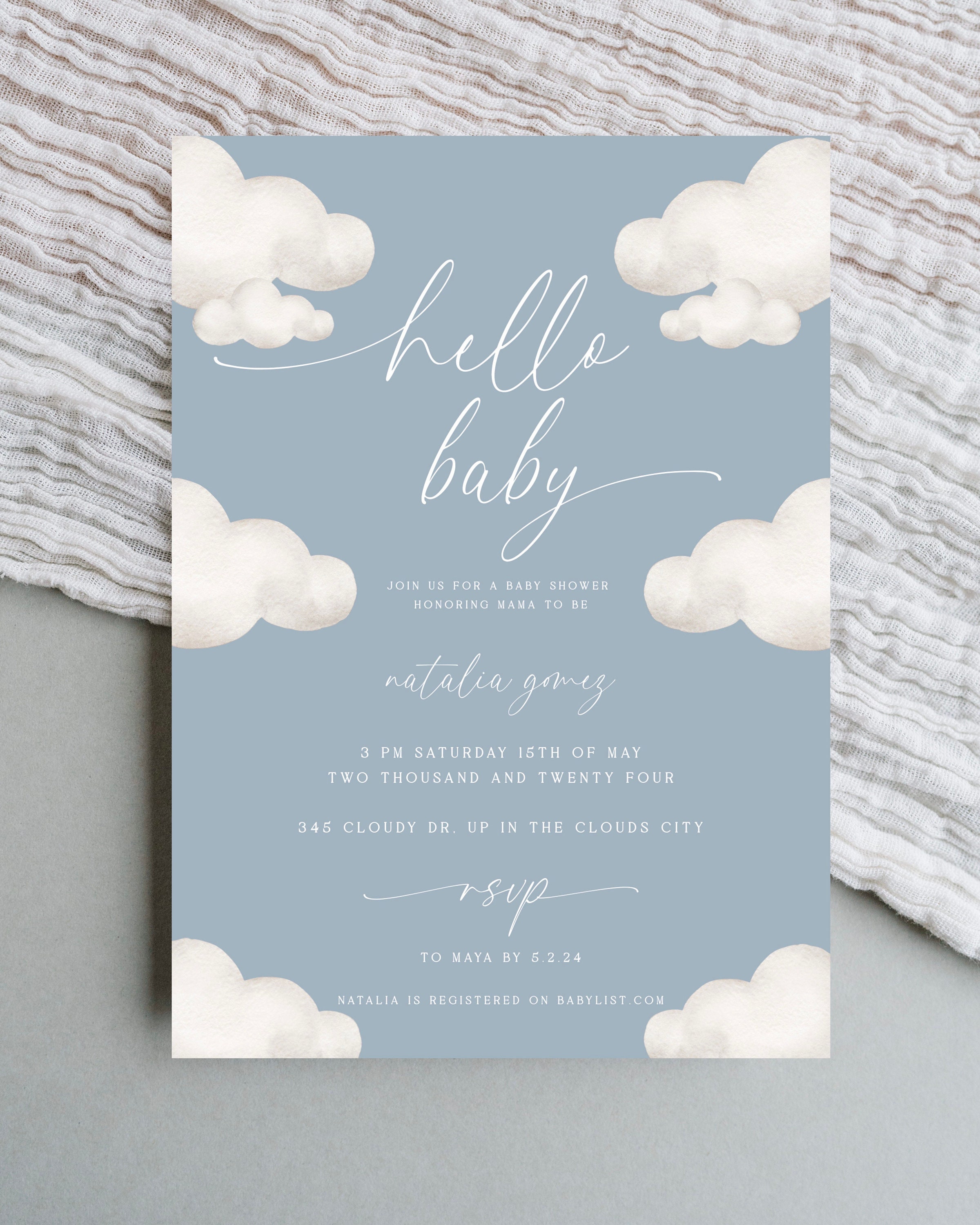 Editable Modern Hello Baby Blue Cloud Baby Shower Invitation Cloud Baby ...