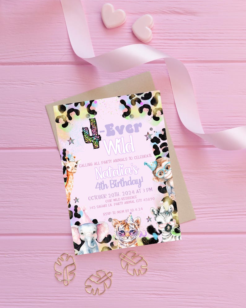 Four Ever Wild Birthday Invitation: Rainbow Safari Animals (digital ...