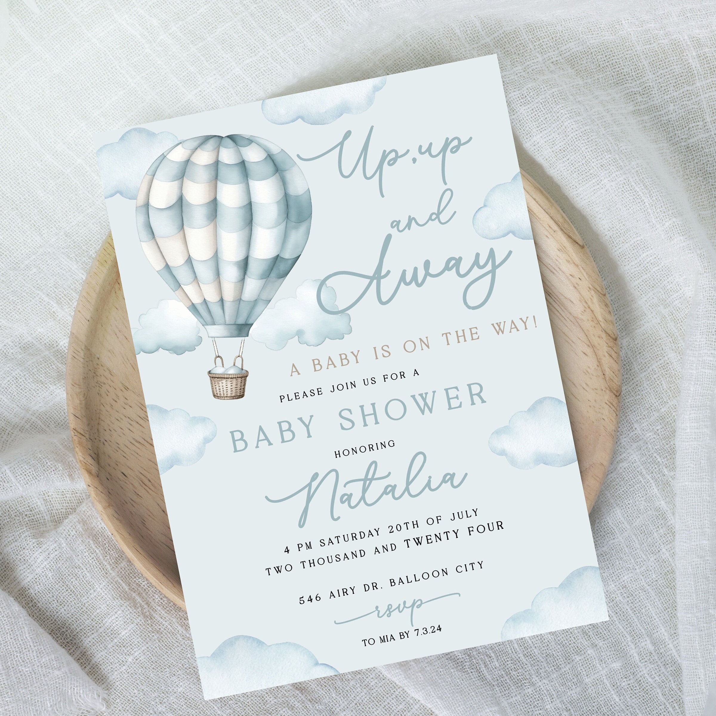 Editable Blue Up, up and Away Baby Shower Invitation Blue Up, up and ...