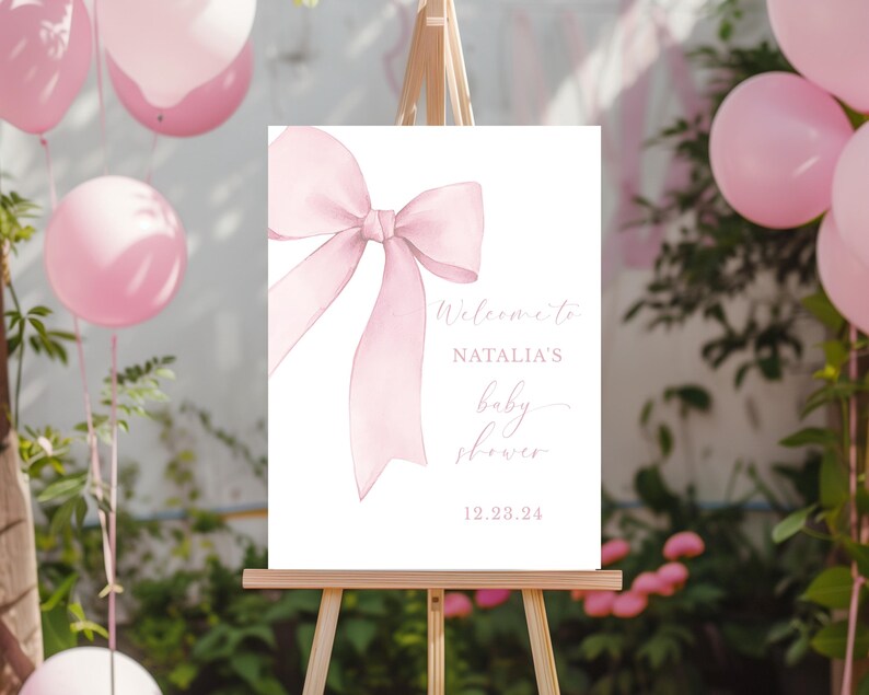 Pink Bow Baby Shower Welcome Sign: Editable Pink Bow Baby Shower ...