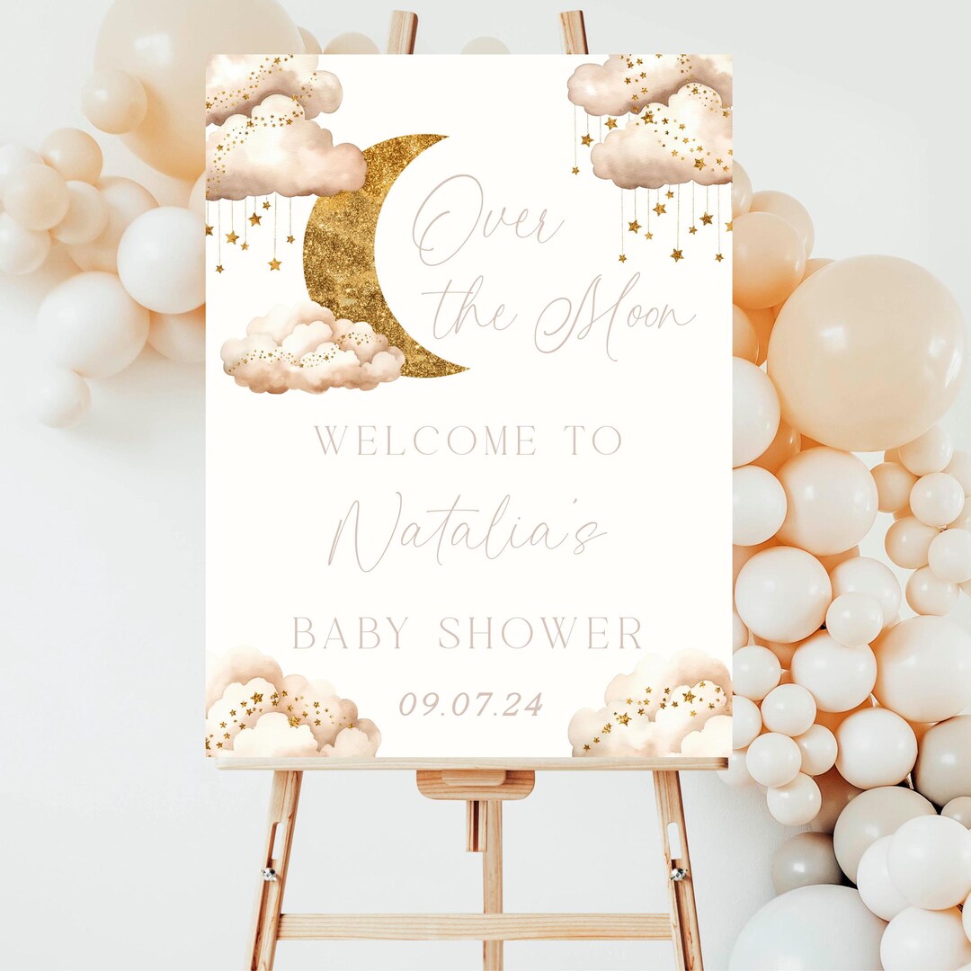 Over the Moon Baby Shower Welcome Sign: Pink & Gold (18 X 24in Template ...