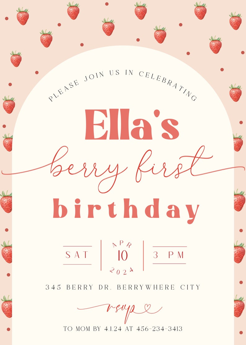 Editable Berry First Birthday Invitation Berry First Birthday Invite ...