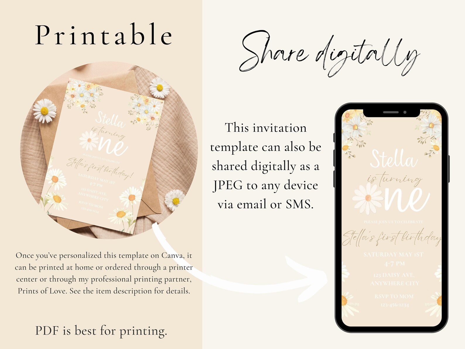 Editable Daisy First Birthday Invitation Daisy First Birthday Evite ...