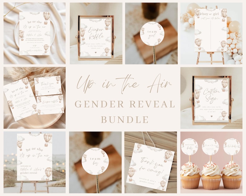 Hot Air Balloon Gender Reveal Bundle: Neutral Cloud Theme (digital ...