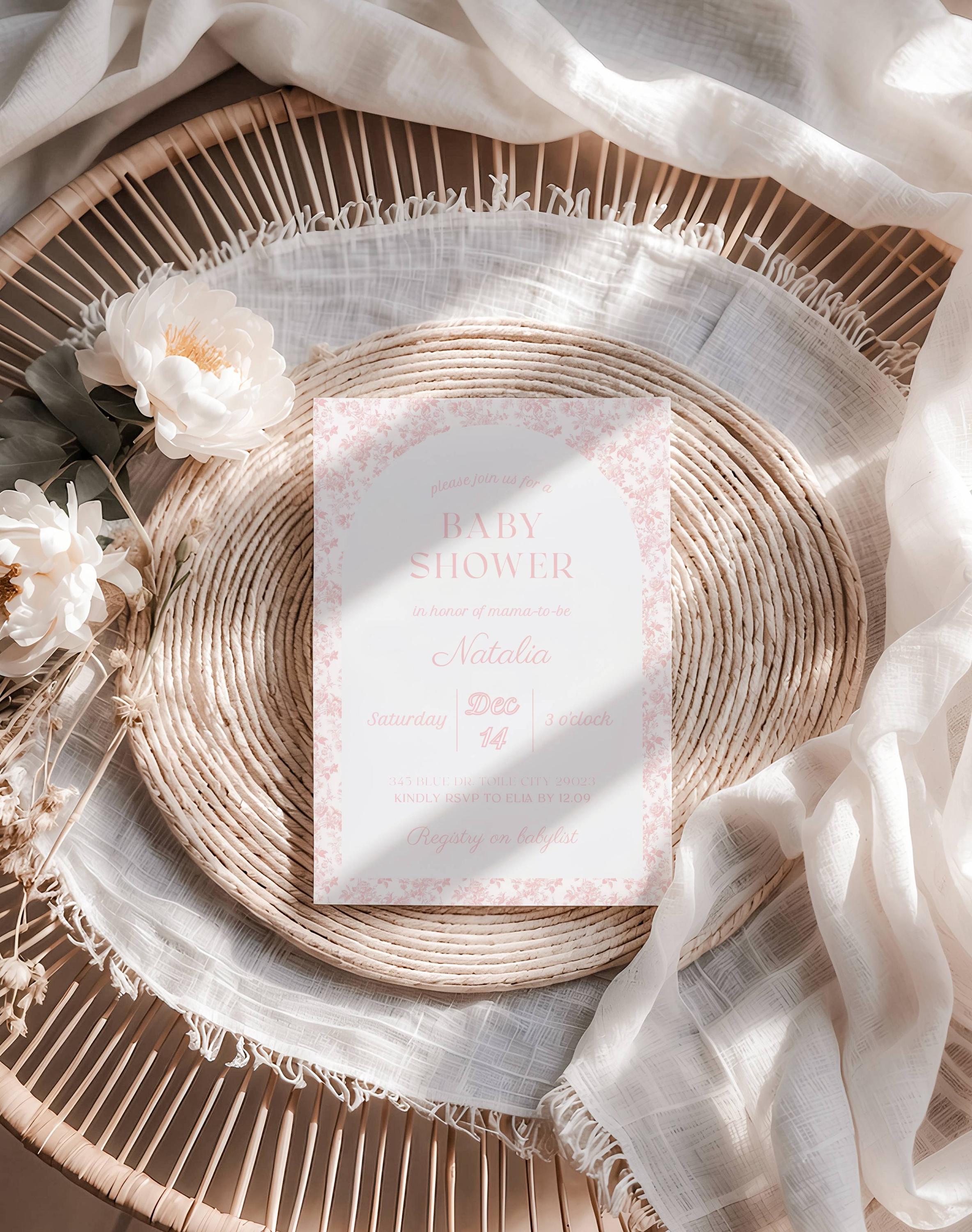 Pink Toile Baby Shower Invitation: Editable Pink Chinoiserie Baby ...