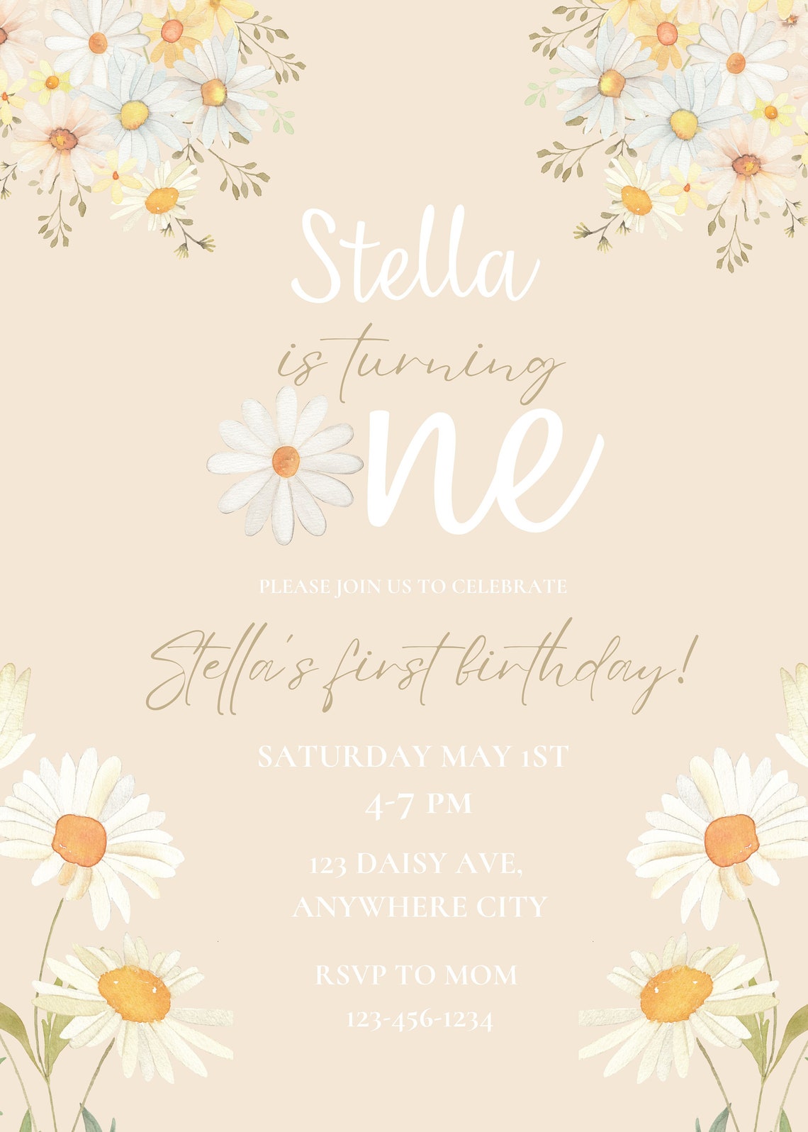 Editable Daisy First Birthday Invitation Daisy First Birthday Evite ...