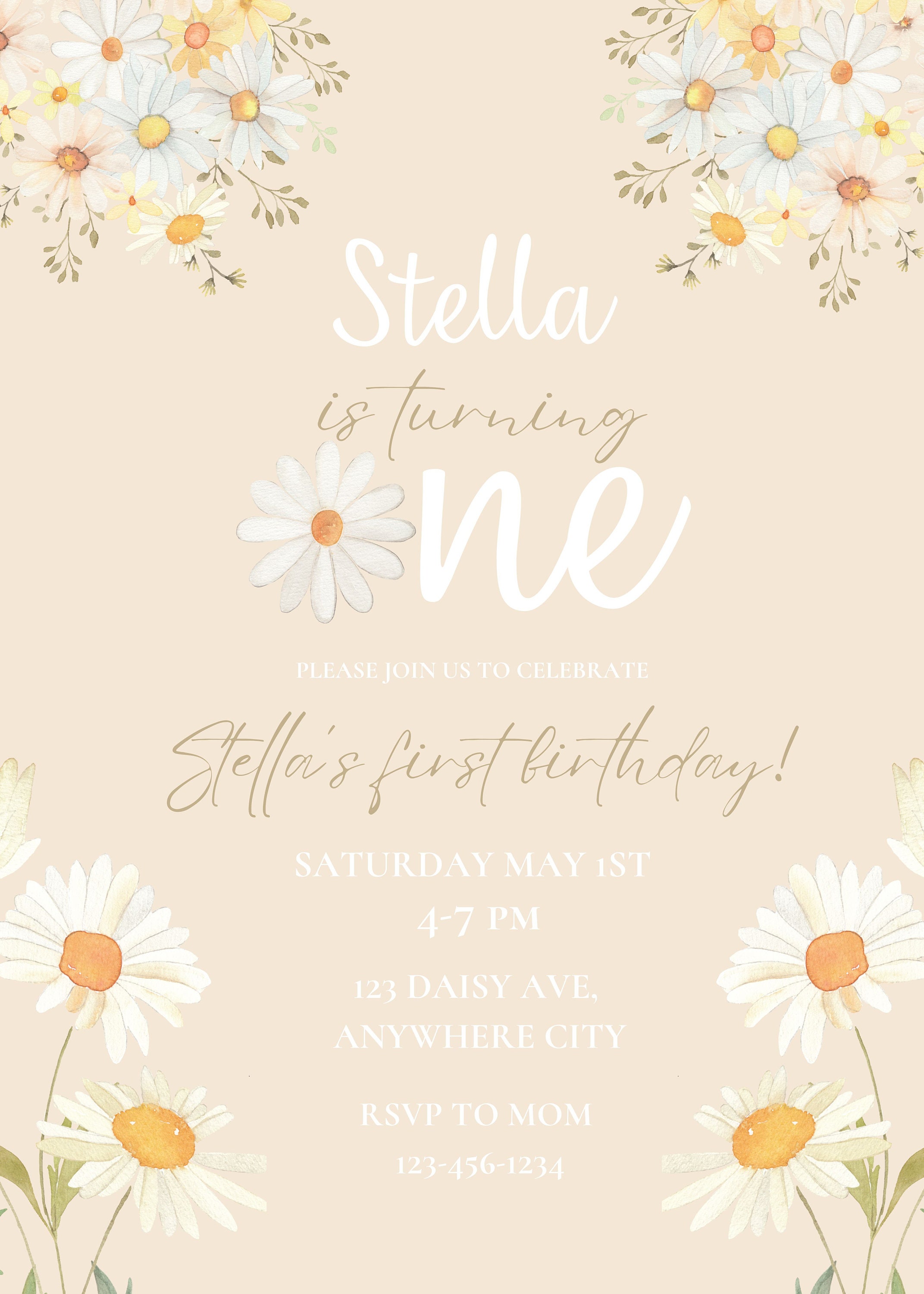 Editable Daisy First Birthday Invitation Daisy First Birthday Evite ...