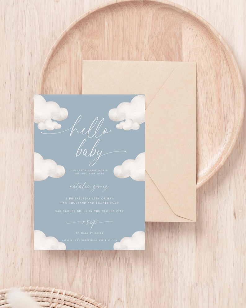 Editable Modern Hello Baby Blue Cloud Baby Shower Invitation Cloud Baby ...