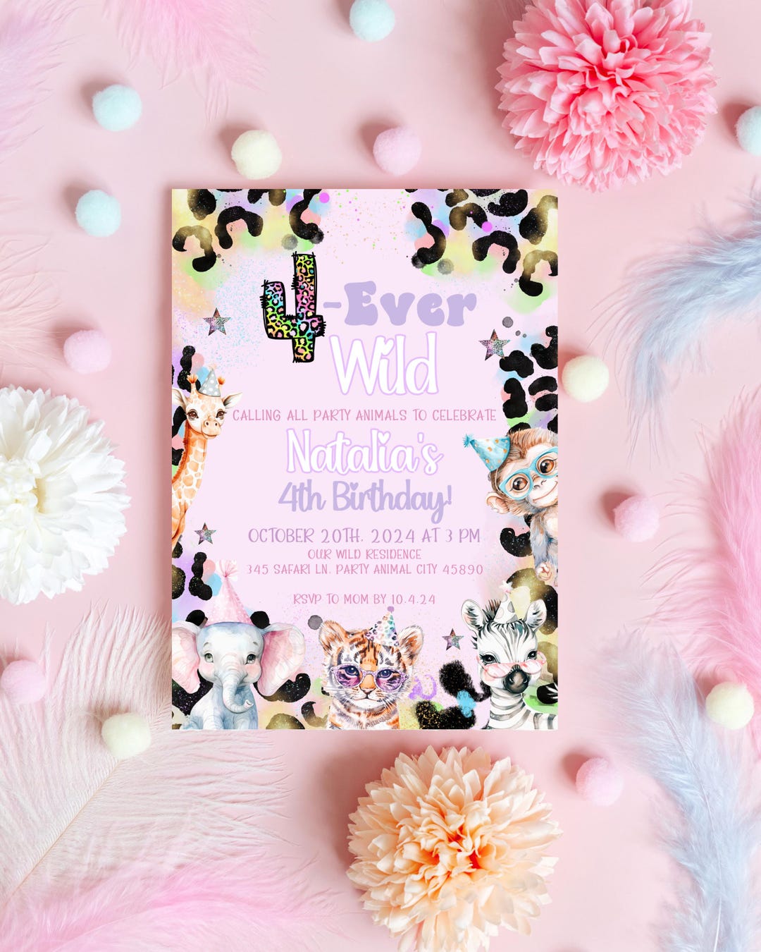 Four Ever Wild Birthday Invitation: Rainbow Safari Animals (digital ...