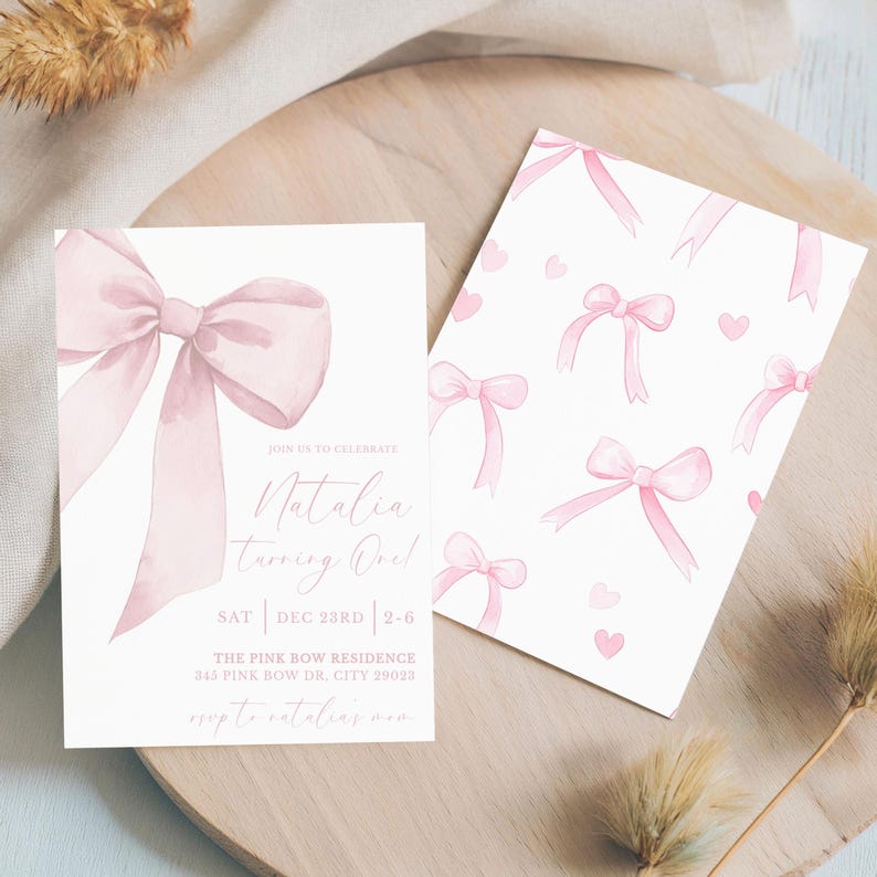 Pink Bow 1st Birthday Invitation | Editable Pink Bow Birthday ...