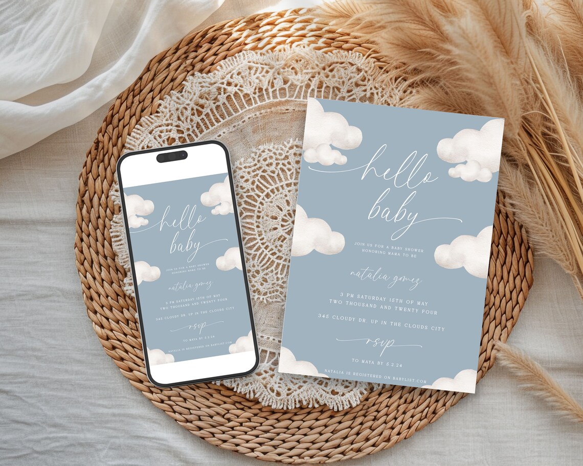 Editable Modern Hello Baby Blue Cloud Baby Shower Invitation Cloud Baby ...